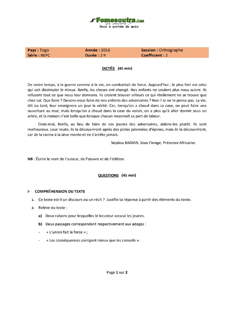 612b6ebae087asujet d Orthographe Dictee Question Bepc Togo | PDF