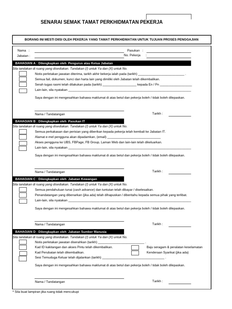 Contoh Senarai Semak Tamat Perkhidmatan | PDF