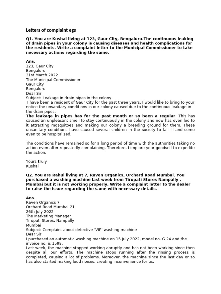 Formal Letters (Complaints Egs10) | PDF