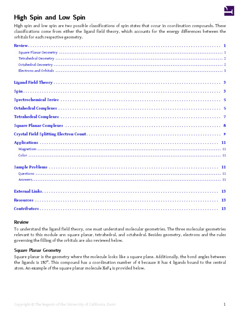 High Spin and Low Spin | PDF | Coordination Complex | Ligand