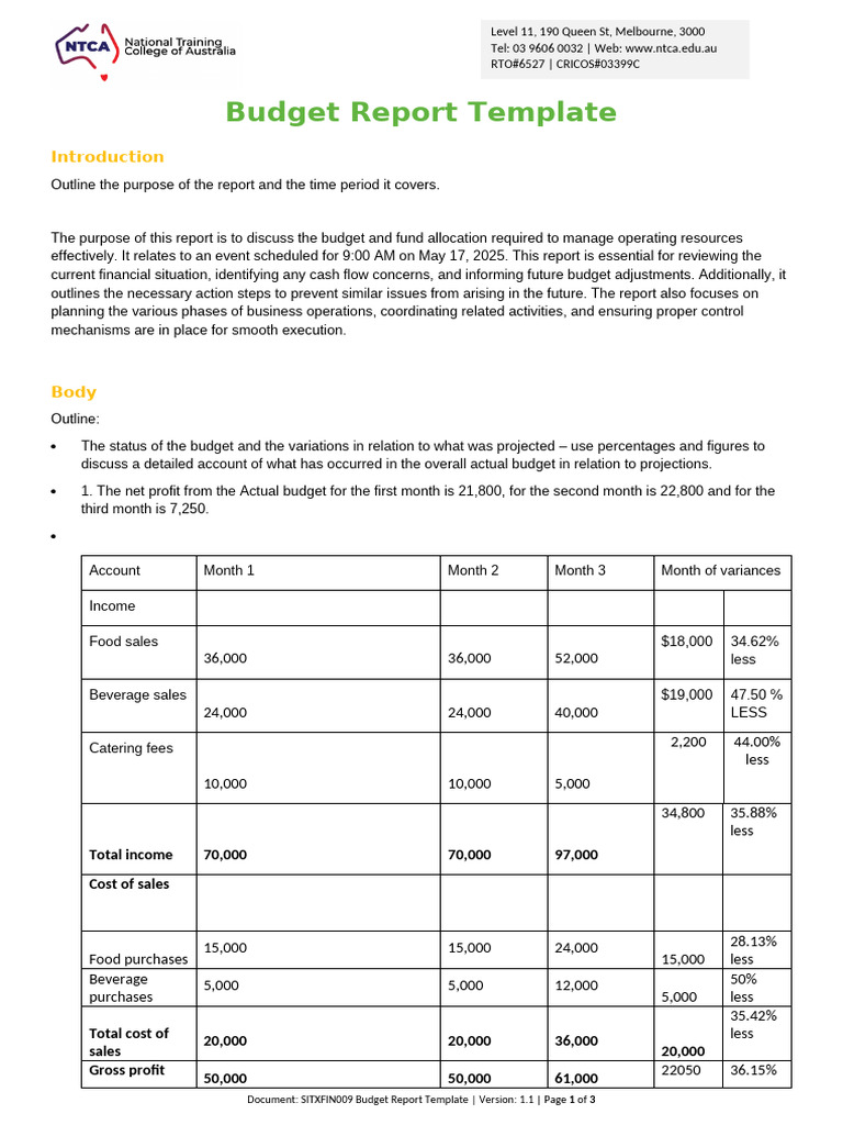 Group 8 NTCA230182 SITXFIN009 Budget Report Template[1] | PDF | Budget ...
