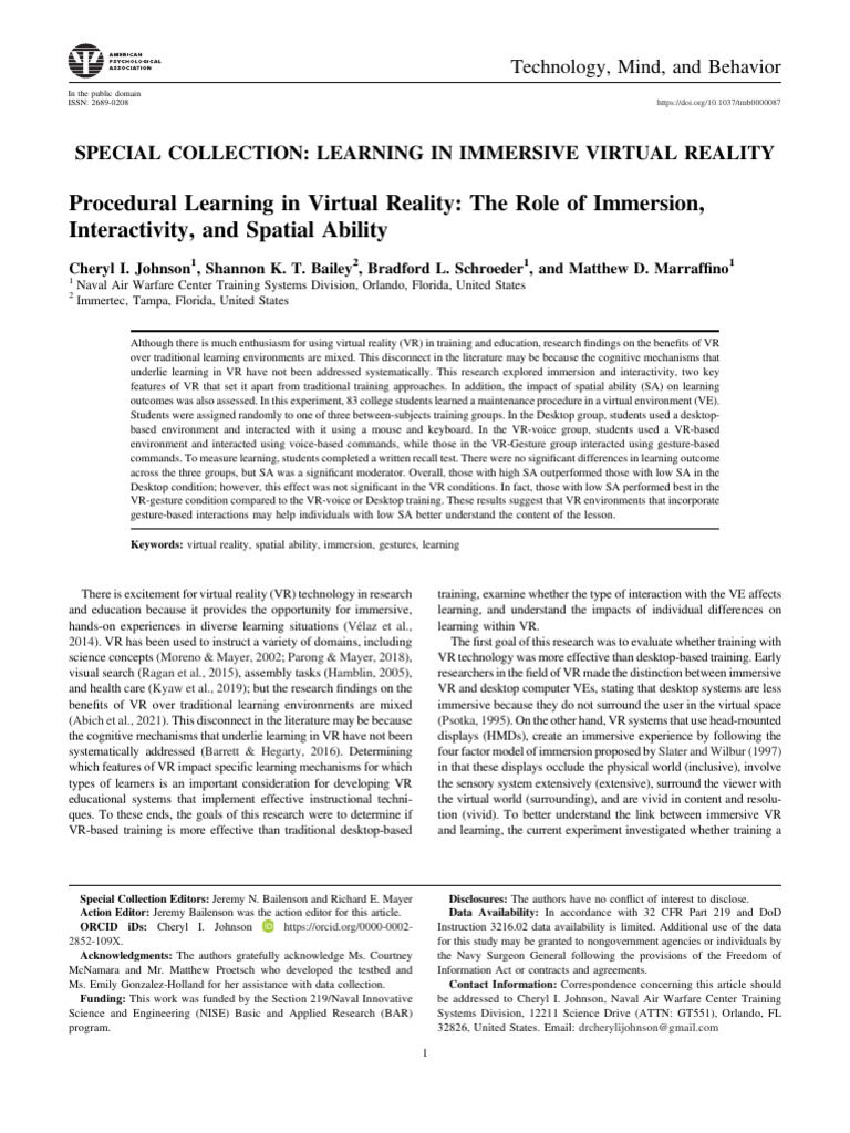 96 - Procedural Learning in Virtual Reality The Role of Immersion, | PDF | Learning | Virtual ...