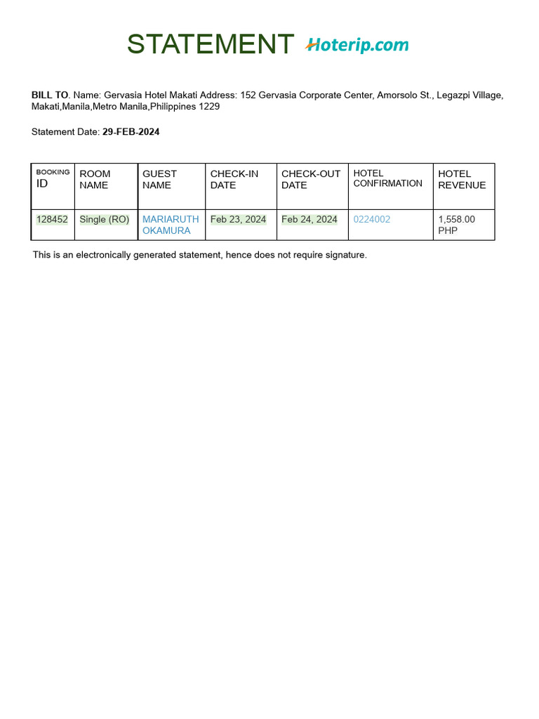 Hotel Statement Feb | PDF