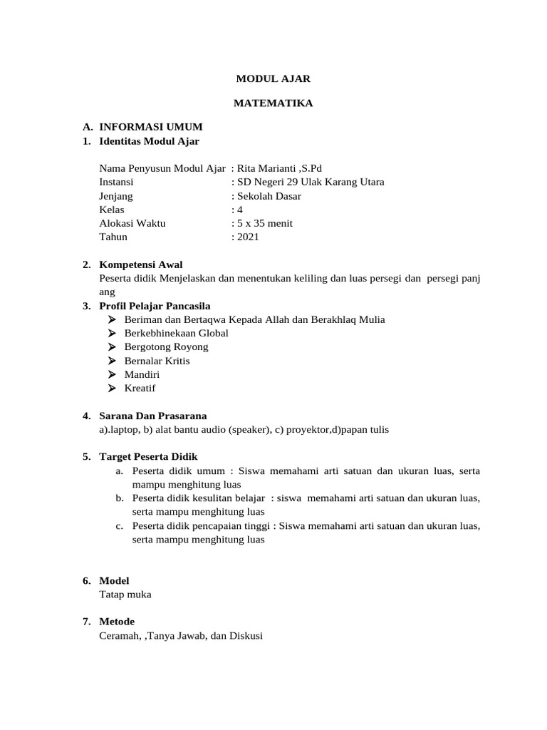 Modul Ajar MTK KLS 4 SP 2 | PDF