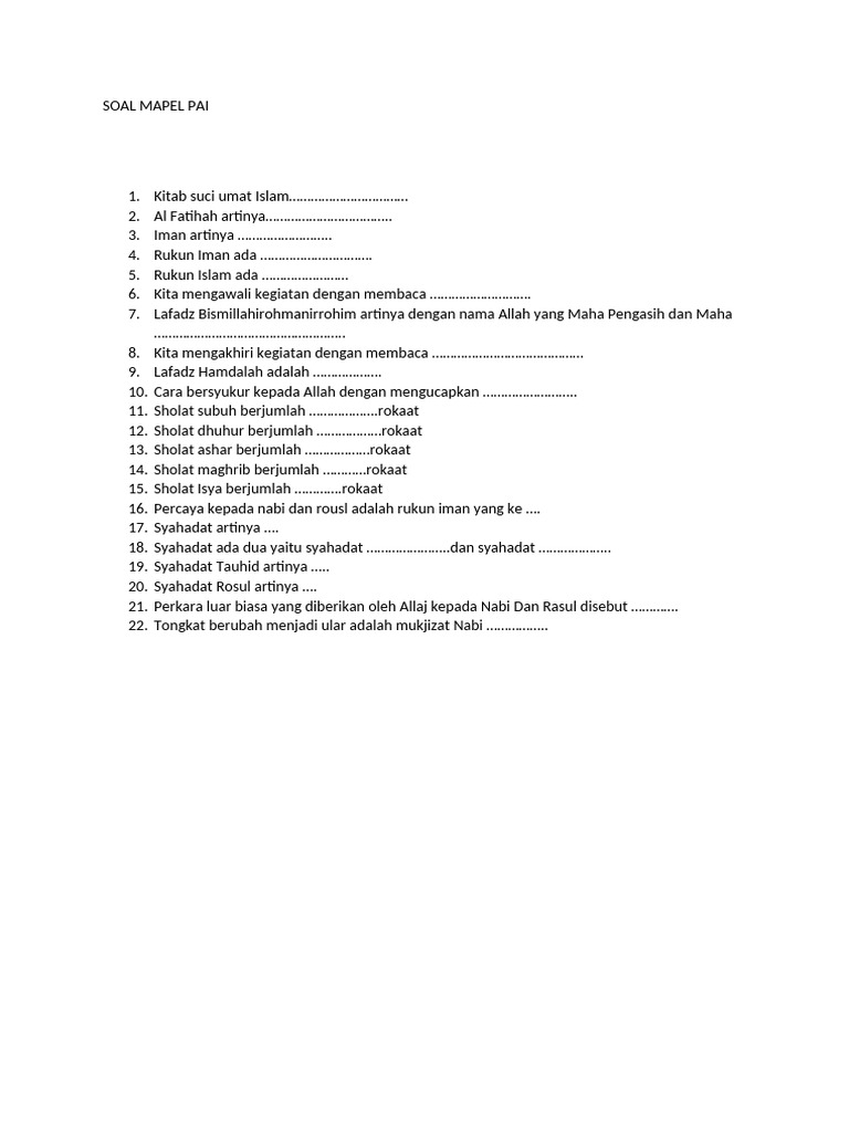 SOAL MAPEL PAI KELAS 1SD | PDF