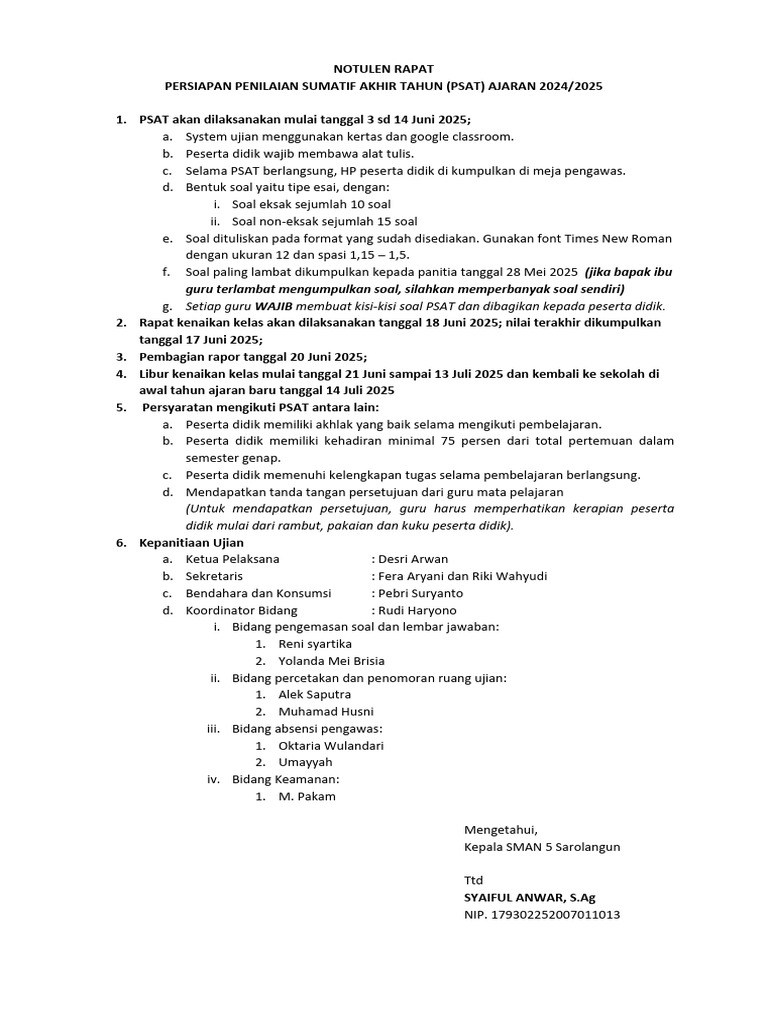 Notulen Rapat Psat 2024 2025 | PDF