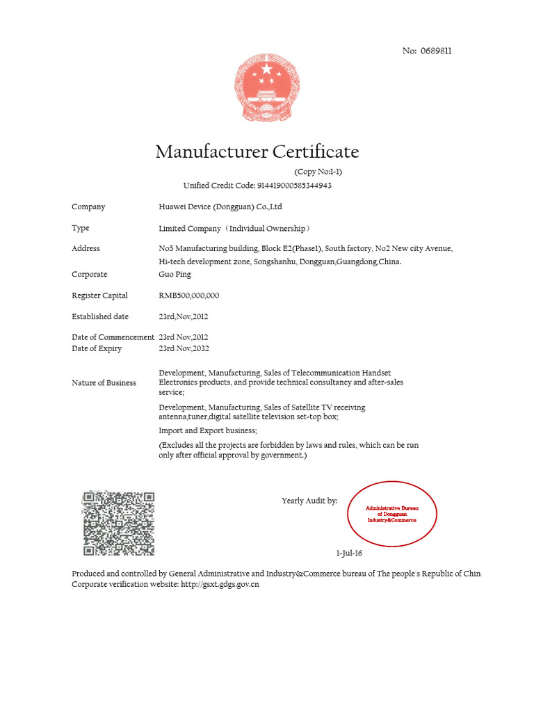 Manufacturer Certificate English | PDF