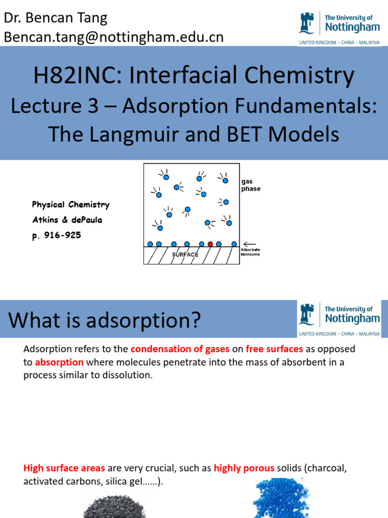 Lecture 3 Â Adsorption Fundamentals 2022 | PDF | Adsorption | Gases