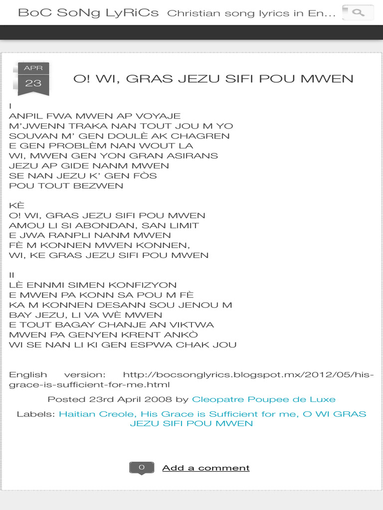 Grace of Jesus is Sufficient Lyrics | PDF