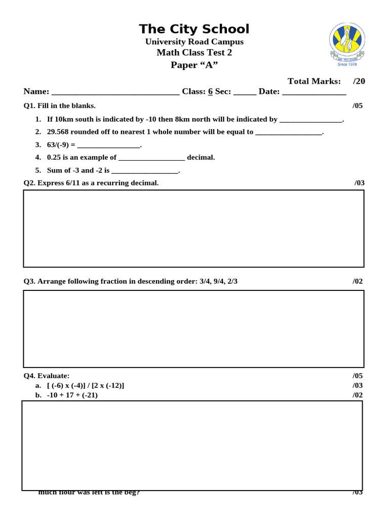 2nd Class Test Math Paper A B | PDF | Elementary Mathematics ...