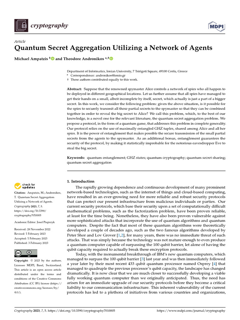Quantum Secret Aggregation Utilizing A Network of Agents | PDF | Quantum Computing | Quantum ...