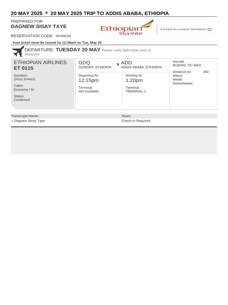Travel Reservation May 20 For DAGNEW SISAY TAYE | PDF