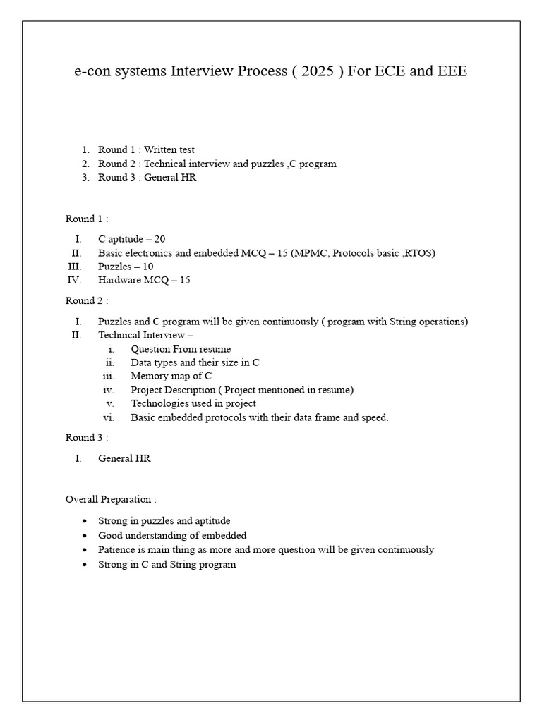 e-con Systems 2025 Interview Guide for ECE/EEE | PDF