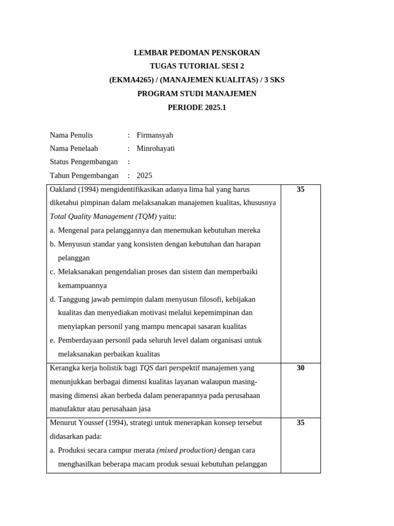 Lembar Pedoman Penskoran Tugas @ | PDF