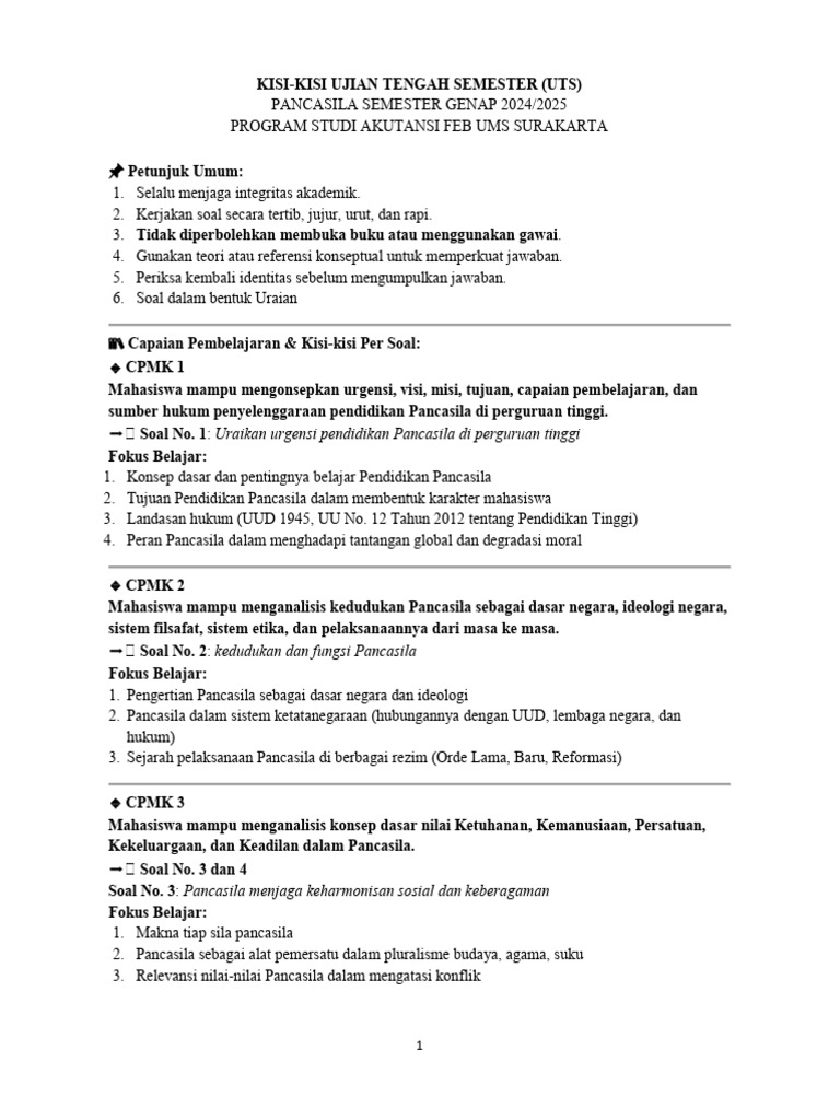 Kisi -Kisi Uts Pancasila 2024-2025 | PDF