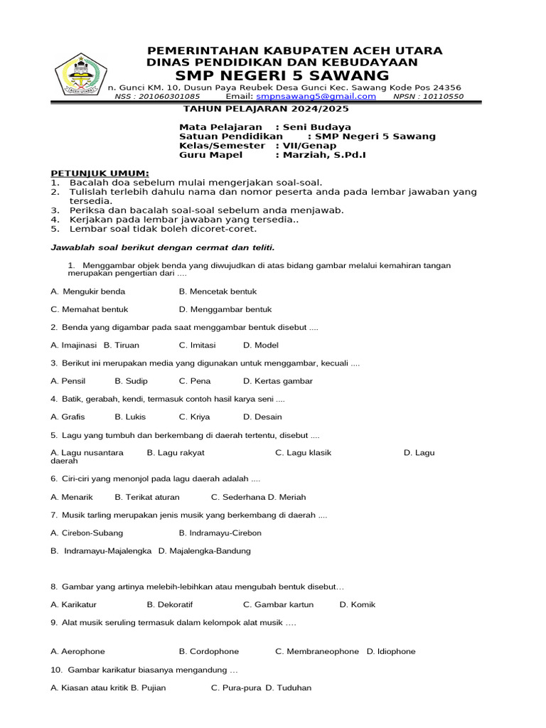 SOAL SENI BUDAYA KELAS VII - Copy (2) | PDF