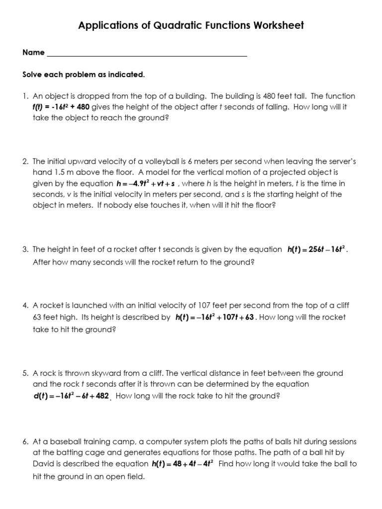 Applications of Quadratic Functions Worksheet | PDF | Graph Theory ...