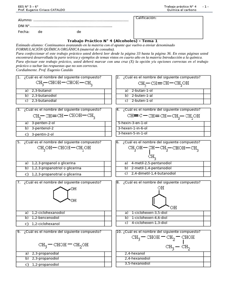 2025 - ES05 - QDC - TRABAJO PRÁCTICO #4 - (ALCOHOLES) Tema 1 | PDF