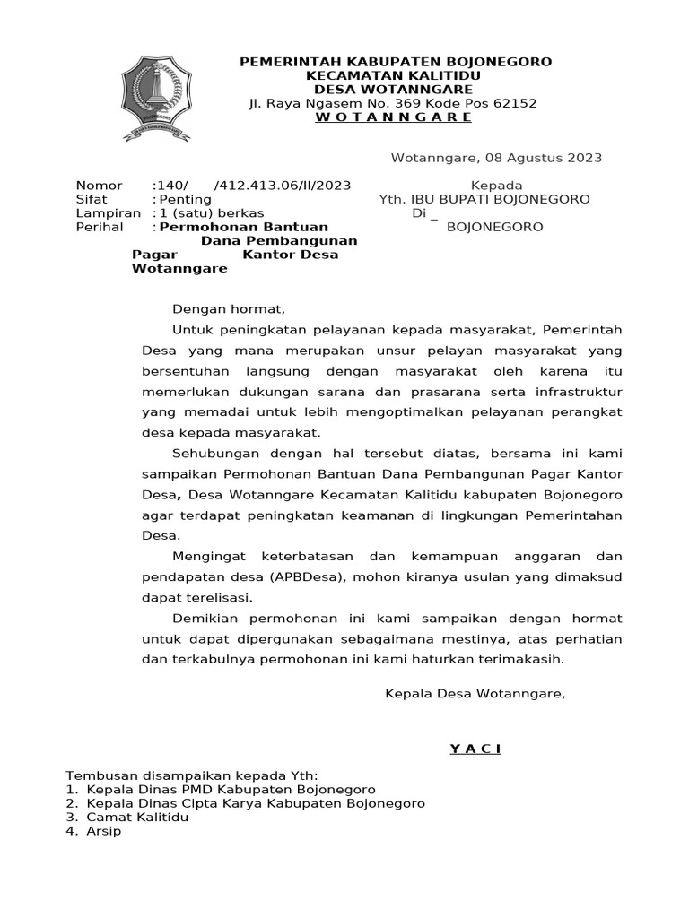 Proposal Pagar Kantor Desa Wotanngare Ke Bupati | PDF