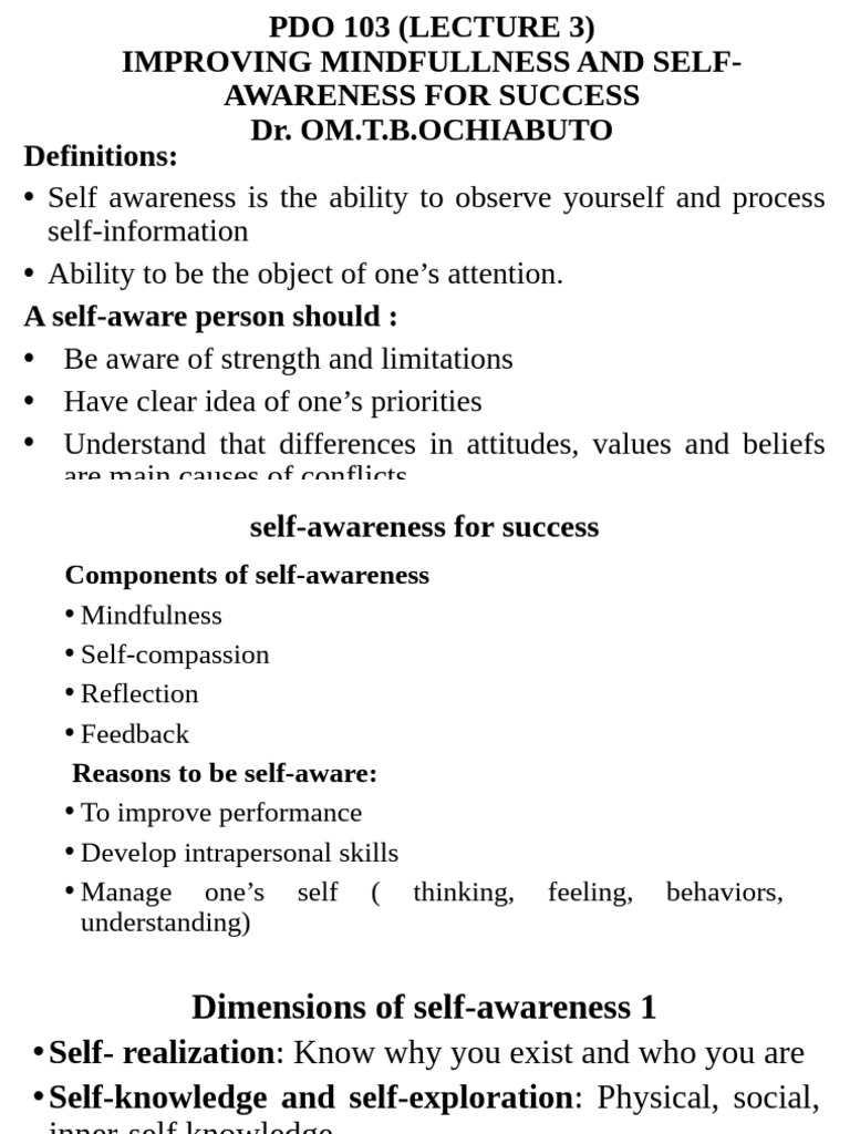 IMPROVING Mindfulness AND SELF-AWARENESS | PDF | Self Awareness ...
