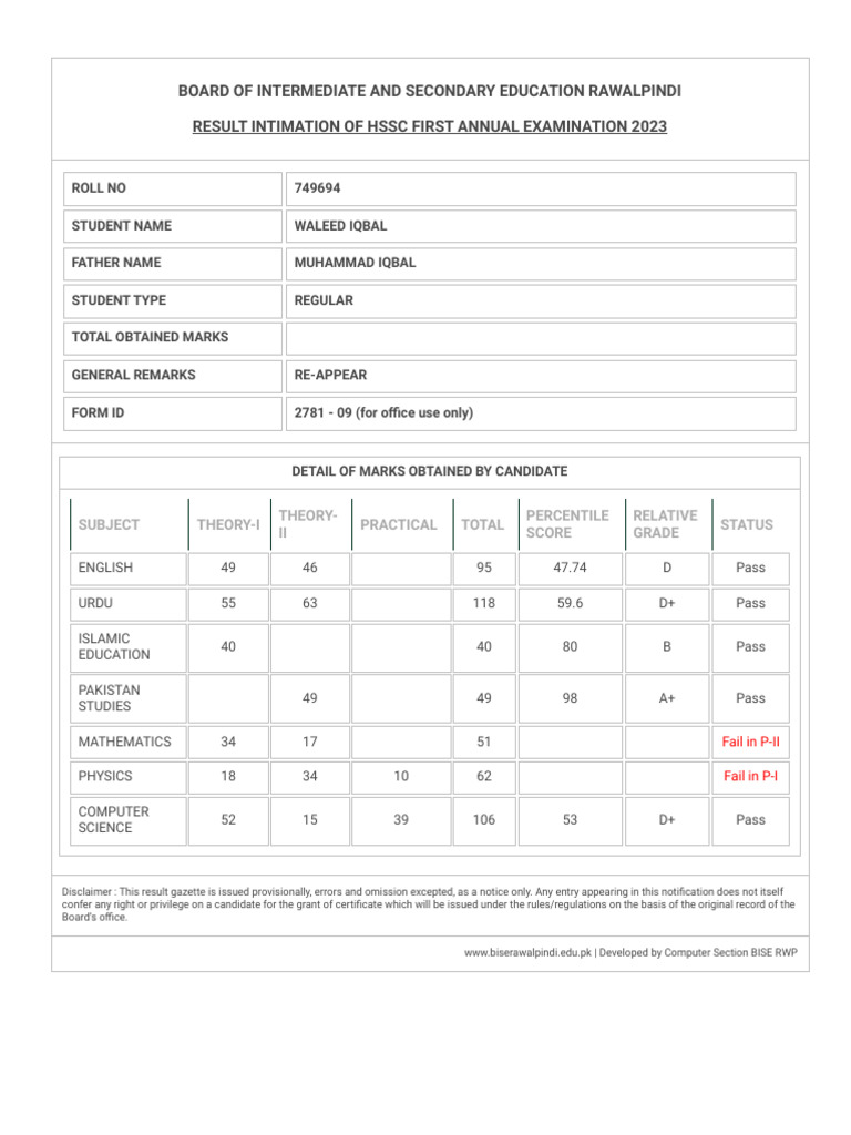 Result - Board of Intermediate and Secondary Education Rawalpindi | PDF