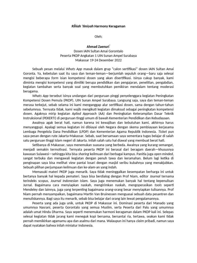 Ahmad Zaenuri - Riĥlah Ilmiyah Harmony Keragaman | PDF