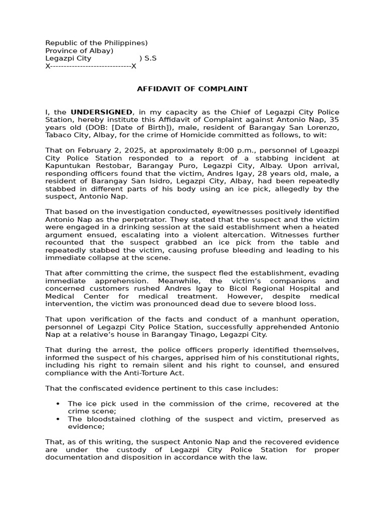 Affidavit of Complaint | PDF | Arrest | Crime Scene