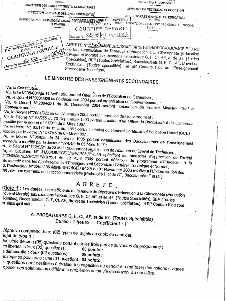 Arrete N°35 MINESEC SG IGE IPSH ETN DECC OBC GCE BOARD Portant ...
