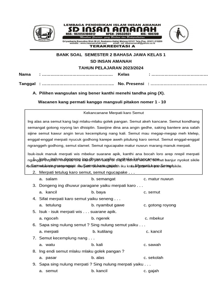Bank Soal Bahasa Jawa Kelas 1 SMT 2 | PDF