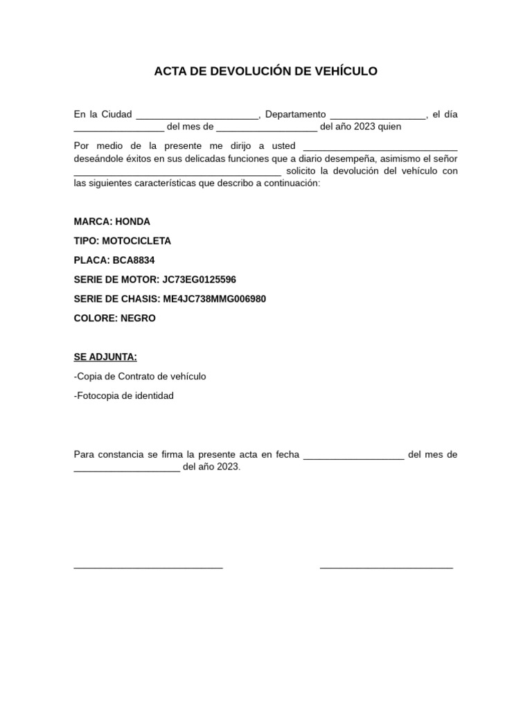 Acta de Devolución de Vehículo | PDF