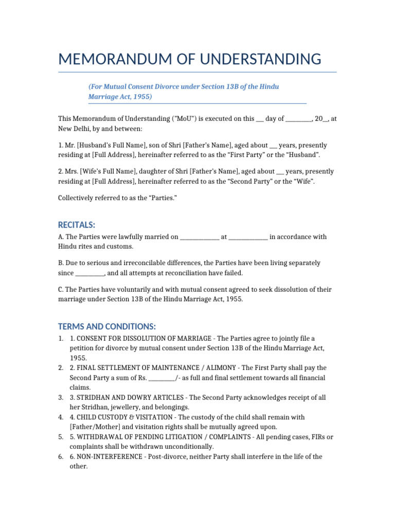 MoU for Mutual Consent Divorce | PDF | Divorce | Marriage