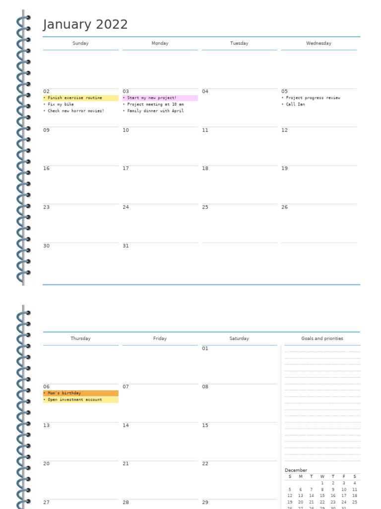 January 2022 Goals and Schedule | PDF