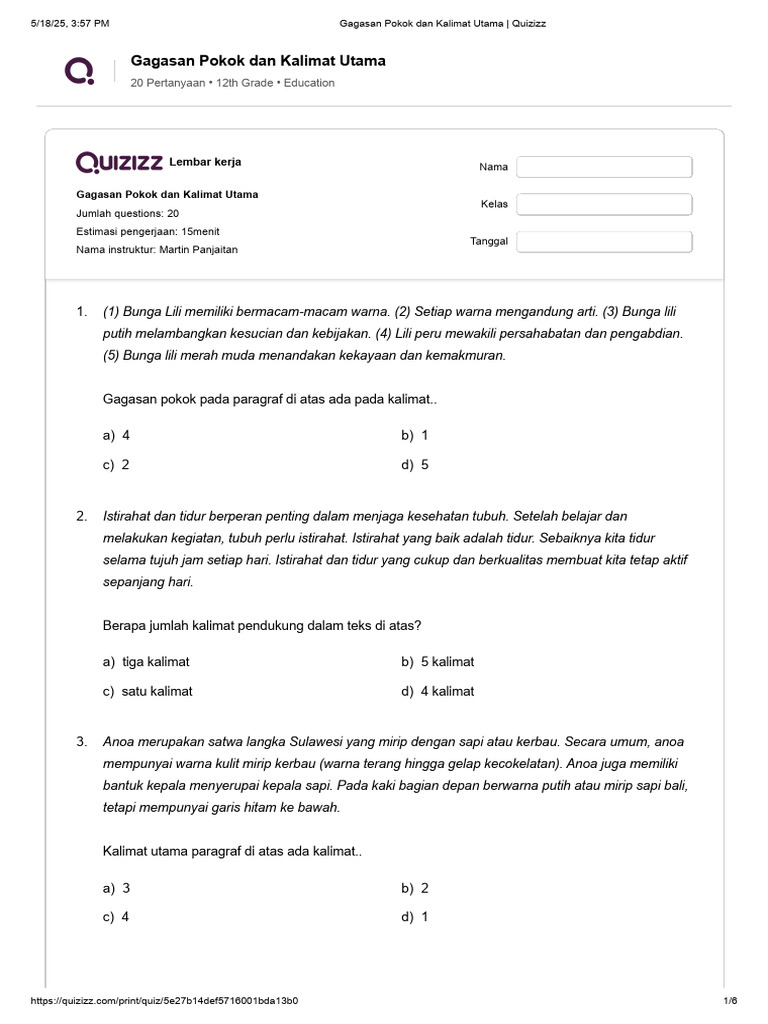 Gagasan Pokok Dan Kalimat Utama - Quizizz | PDF