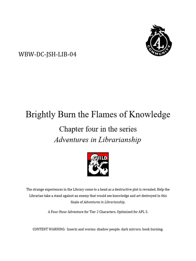 WBW-DC-JSH-LIB-04 - Brightly Burn The Flames of Knowledge | PDF | Dungeons & Dragons | Libraries