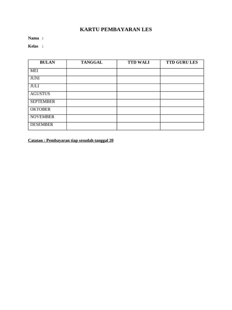 Kartu Pembayaran Les Bulanan | PDF
