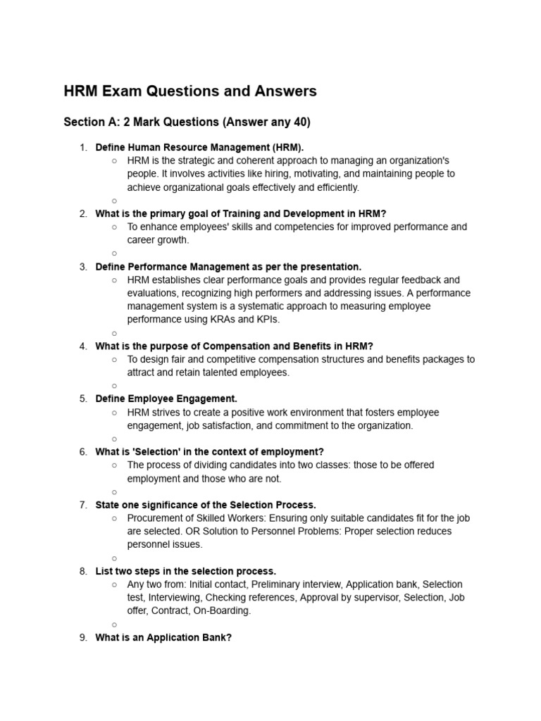 HRM Exam Questions and Answers | PDF | Performance Appraisal | Human Resource Management