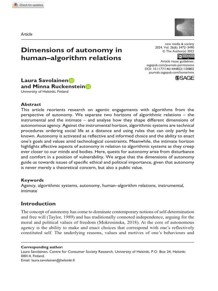 Dimensions of Autonomy in Human Algorithm Relations | PDF | Autonomy | Decision Making
