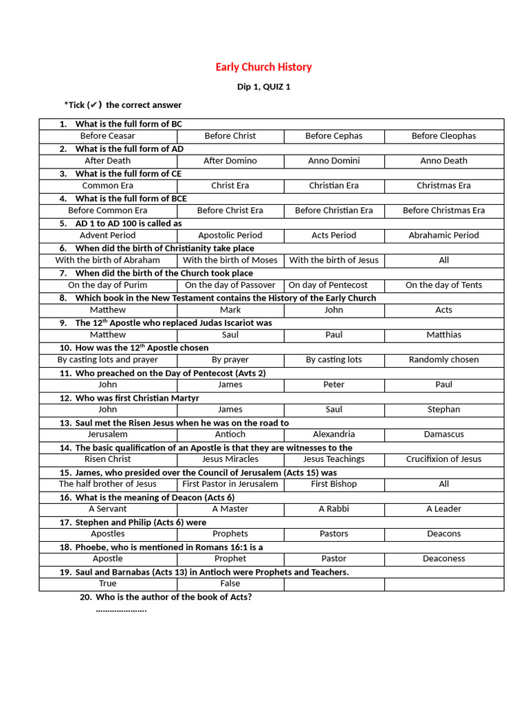 Early Church History Quiz Questions | PDF | Paul The Apostle | Early ...