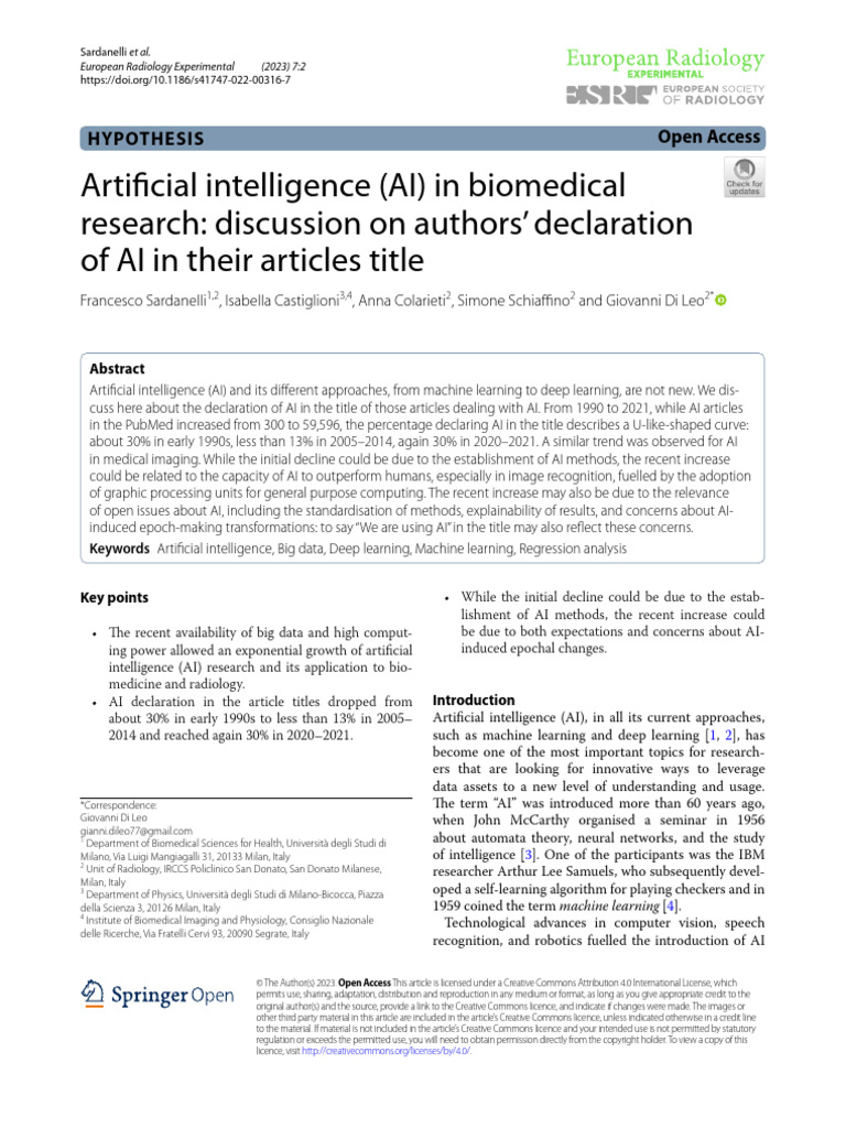 Artificial Intelligence (AI) in Biomedical Research - Discussion On Authors' Declaration of AI ...