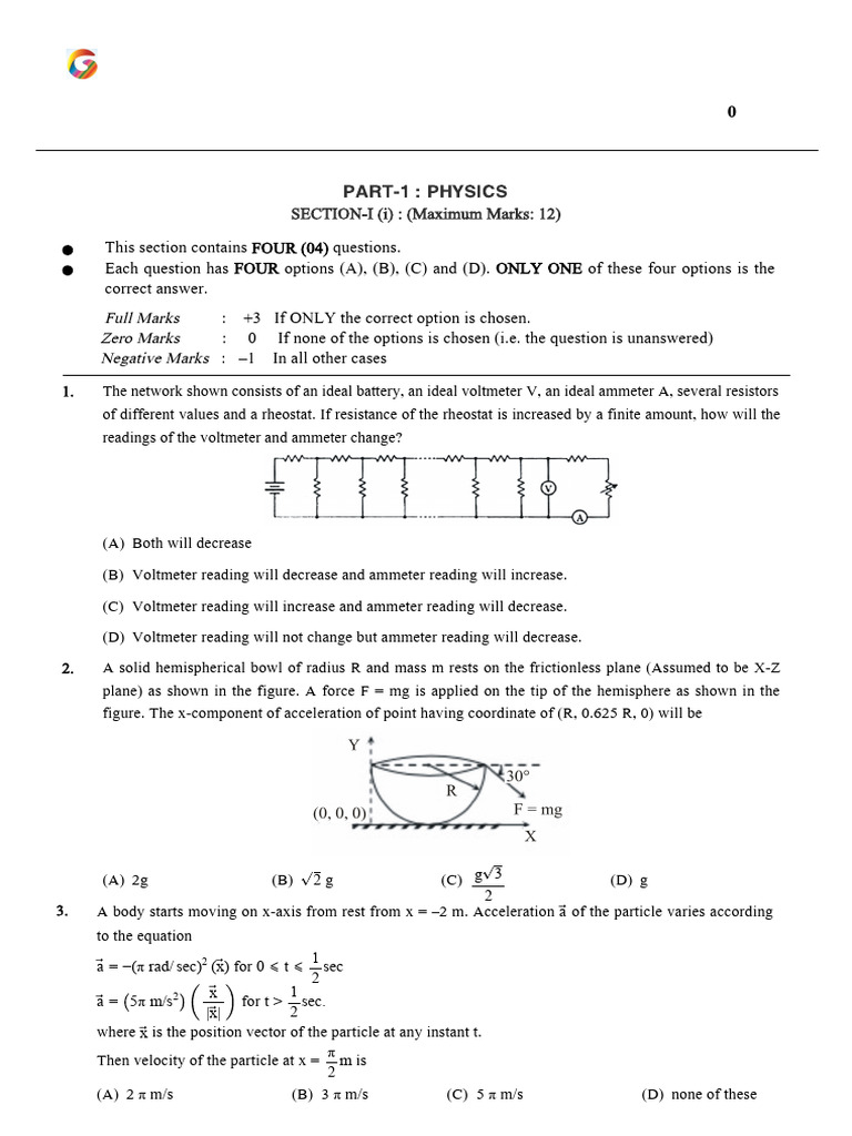 JEE Adv P-1 QP (26.04.25) | PDF | Magnetic Field | Force