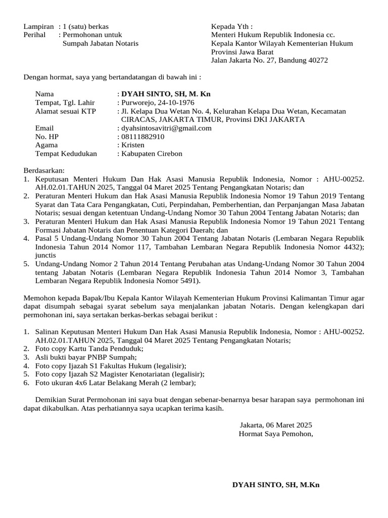 Surat Permohonan Sumpah Jabatan Notaris | PDF
