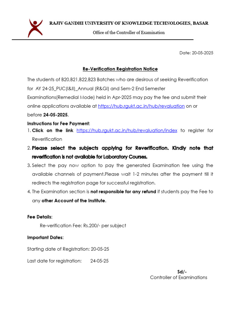 Notice For PUC (I&II) AE (Reg Rem) EST (R&GI) Apr-25 Reverification | PDF
