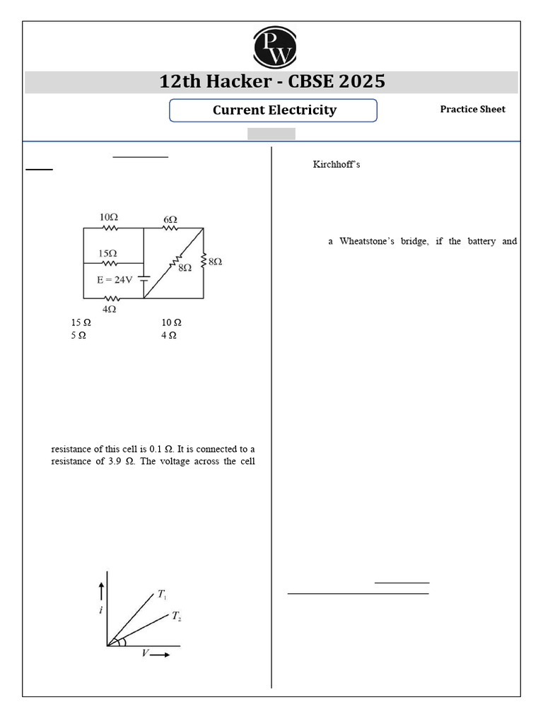 Current Electricity - Practice Sheet - 12th Hacker - CBSE 2025 | PDF | Series And Parallel ...