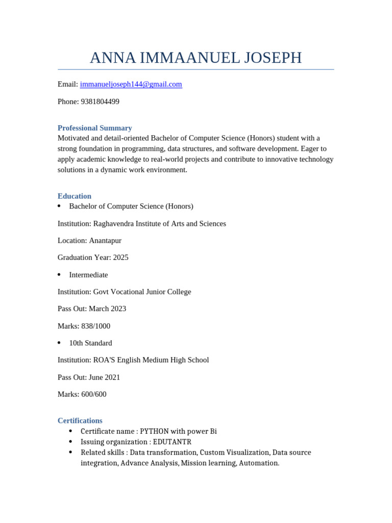 Anna Immaanuel Joseph Resume | PDF