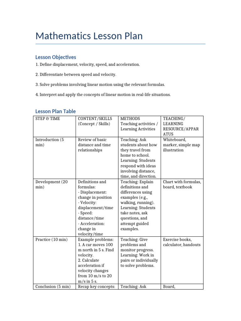 Linear Motion Lesson Plan | PDF | Velocity | Acceleration
