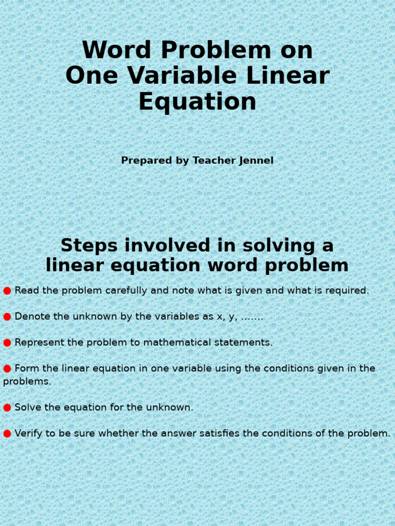 Word Problem On One Variable Linear Equation | PDF | Equations | Length