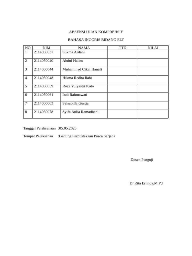 Absensi Ujian Komprehsif | PDF