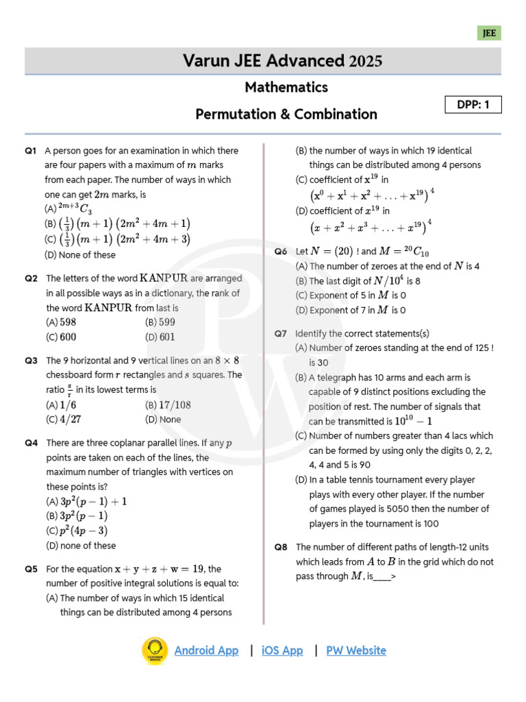 Permutation And Combination _ DPP 01 __ Varun JEE Advanced 2025 | PDF | Mathematics | Euclidean ...