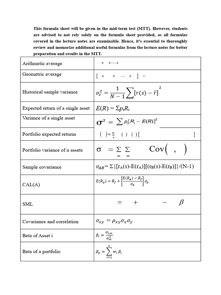 Mid-Term Test Formula Sheet Guide | PDF