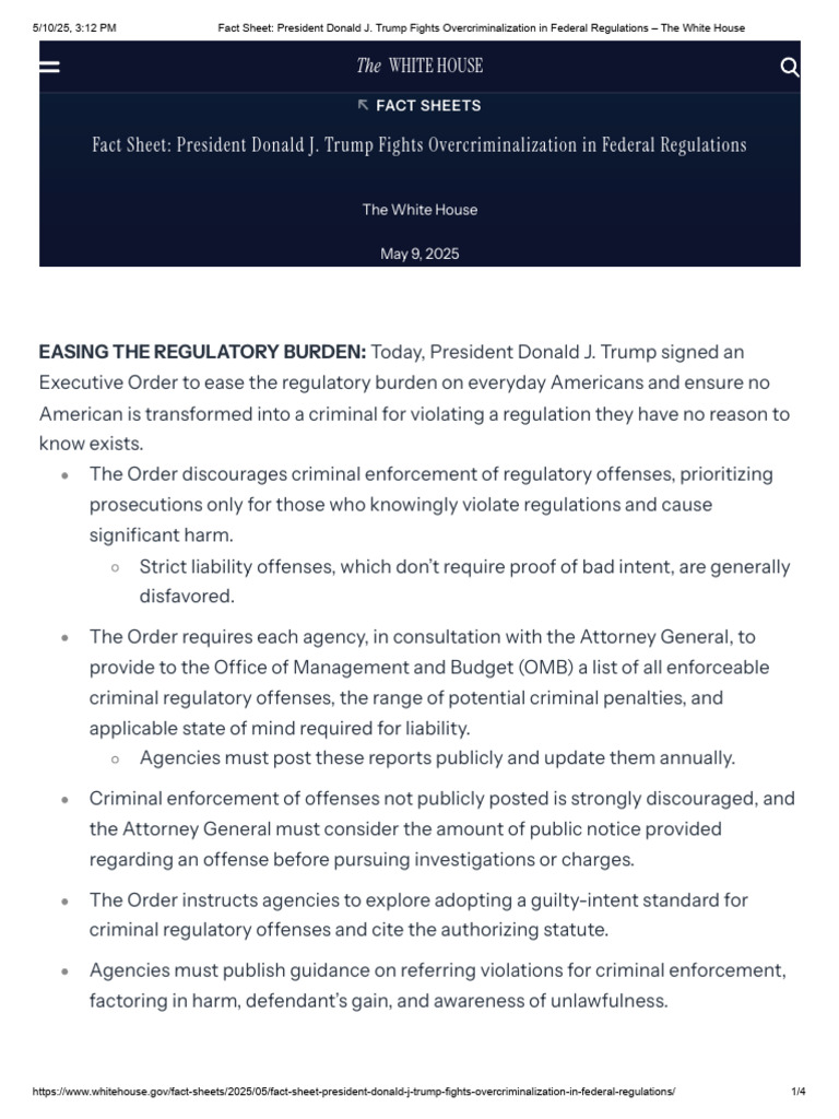 Fact Sheet - President Donald J. Trump Fights Overcriminalization in Federal Regulations - The ...